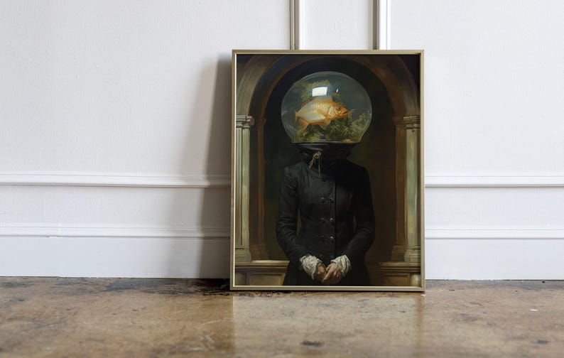 Fish Head Woman Victorian Vintage Painting Altered Moody Poster Banksy ...