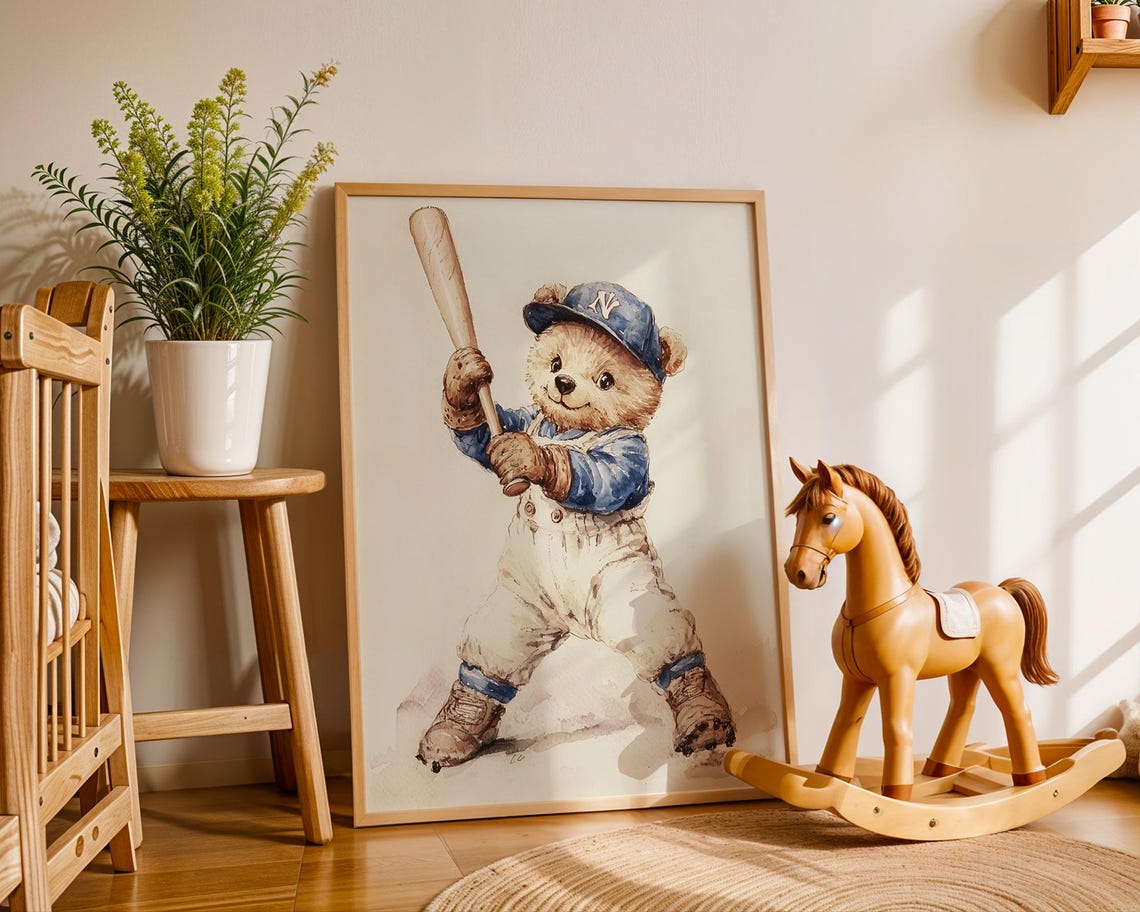 Vintage Illustration of a Bear Playing Baseball – Watercolor Retro ...