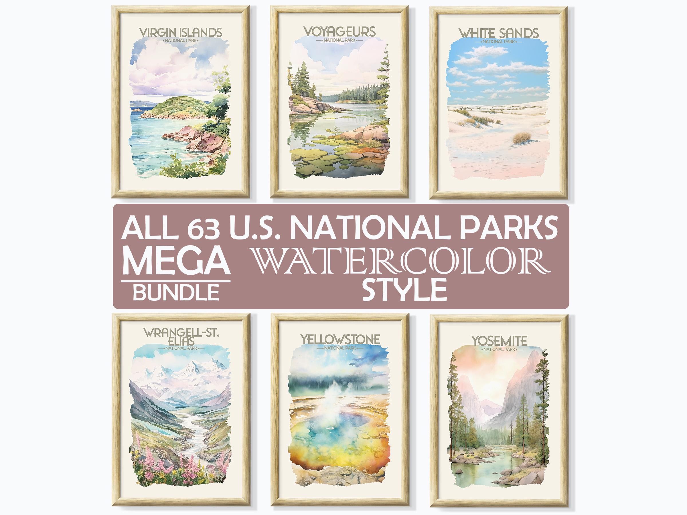 U.S. National Park Poster Bundle | All 63 National Parks Watercolor ...