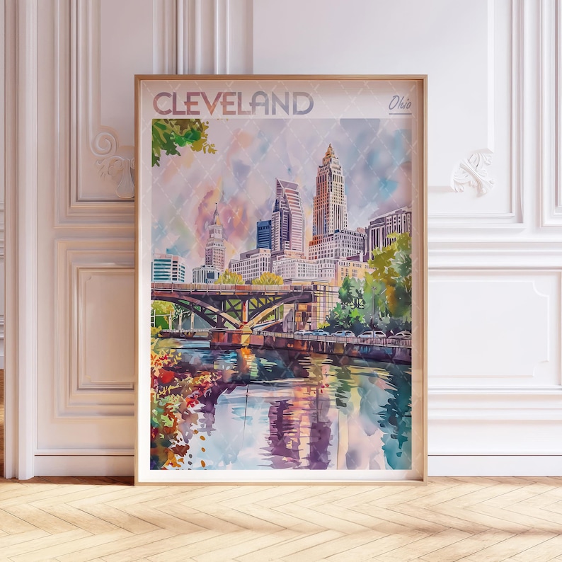 Cleveland Ohio Watercolor Travel Poster, World Travel Art, Cleveland ...