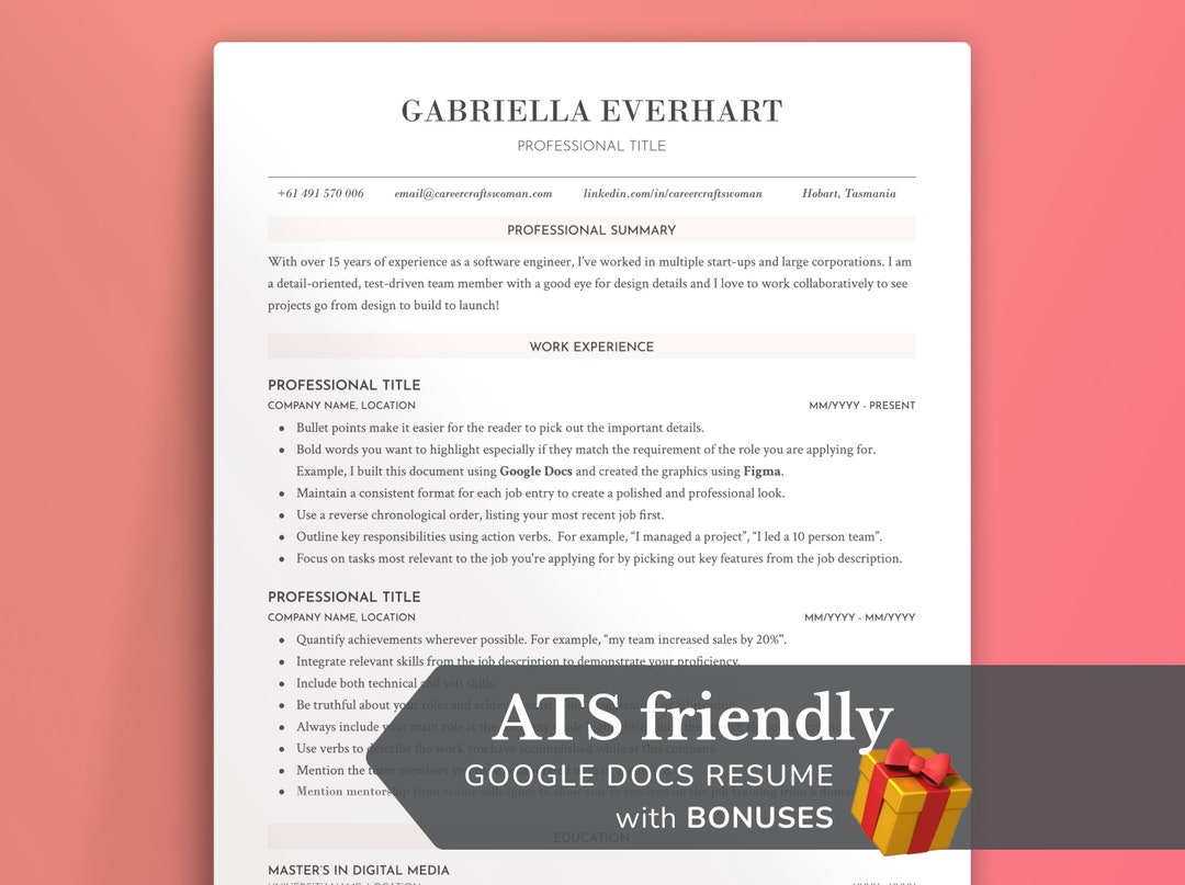 ATS Friendly Resume Template in Google Docs - Professional CV, Easy to ...