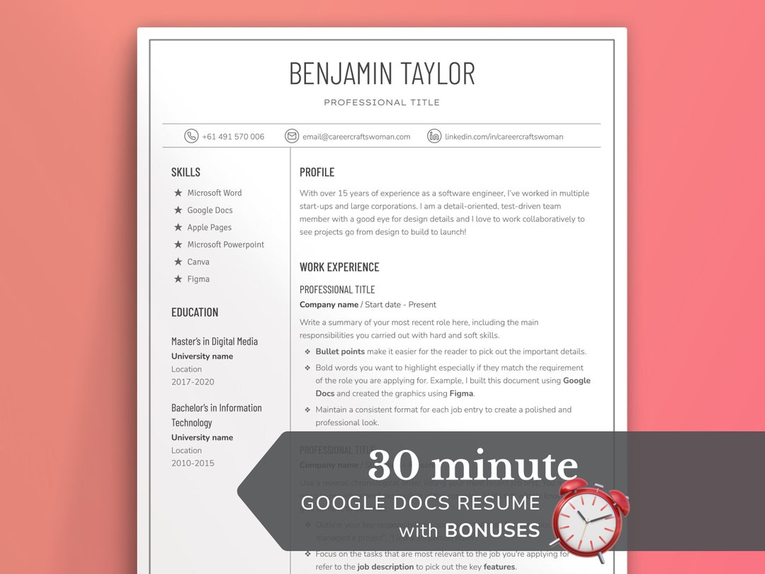 Modern Resume Template: Professional, Ats-friendly (google Docs) - Etsy