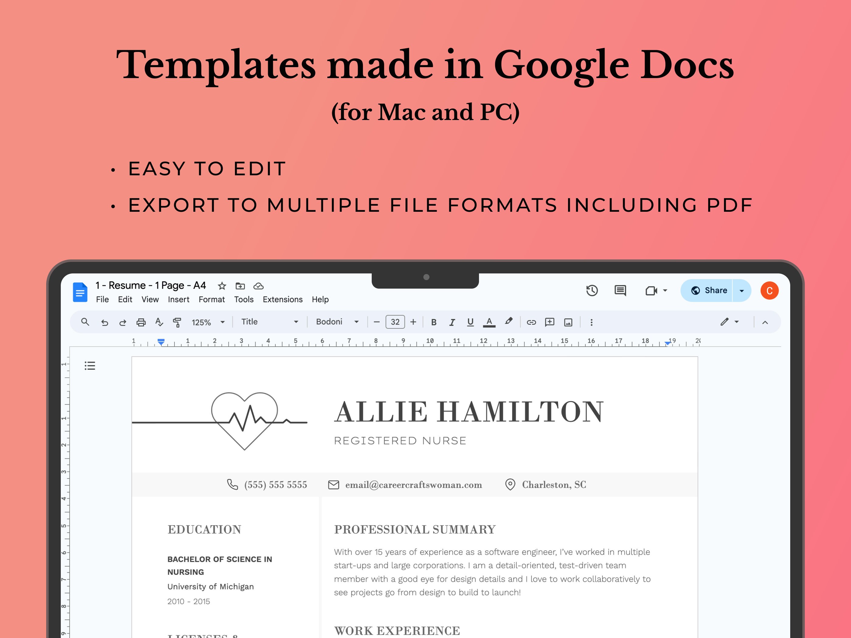 Nurse Resume Template in Google Docs Professional CV, Registered Nurse ...