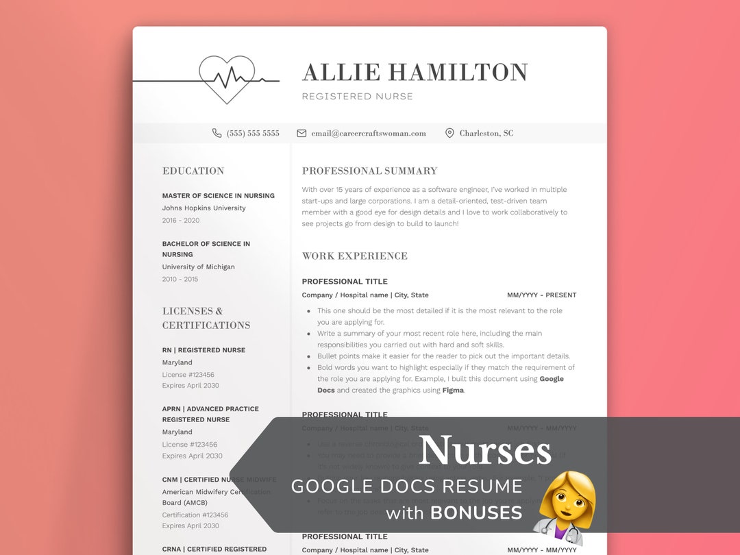 Nurse Resume Template in Google Docs Professional CV, Registered Nurse ...