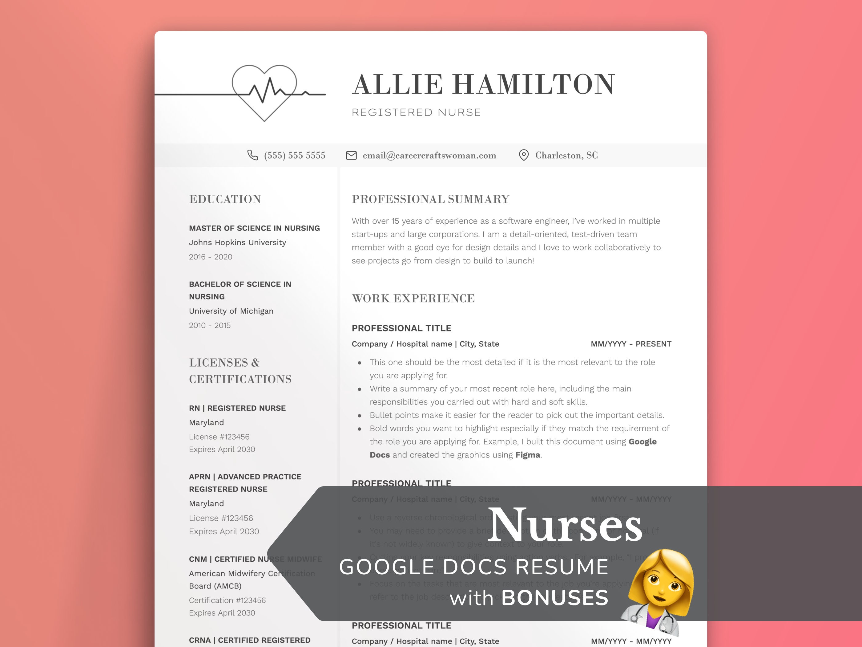 Nurse Resume Template in Google Docs Professional CV, Registered Nurse ...