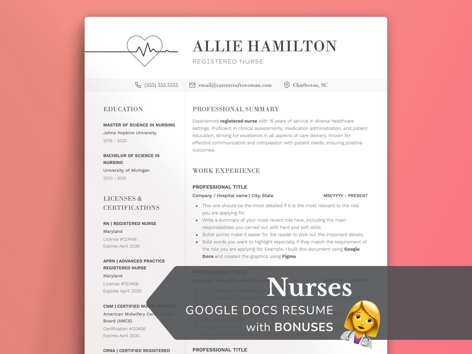 Nurse Resume Template in Google Docs Professional CV, Registered Nurse ...