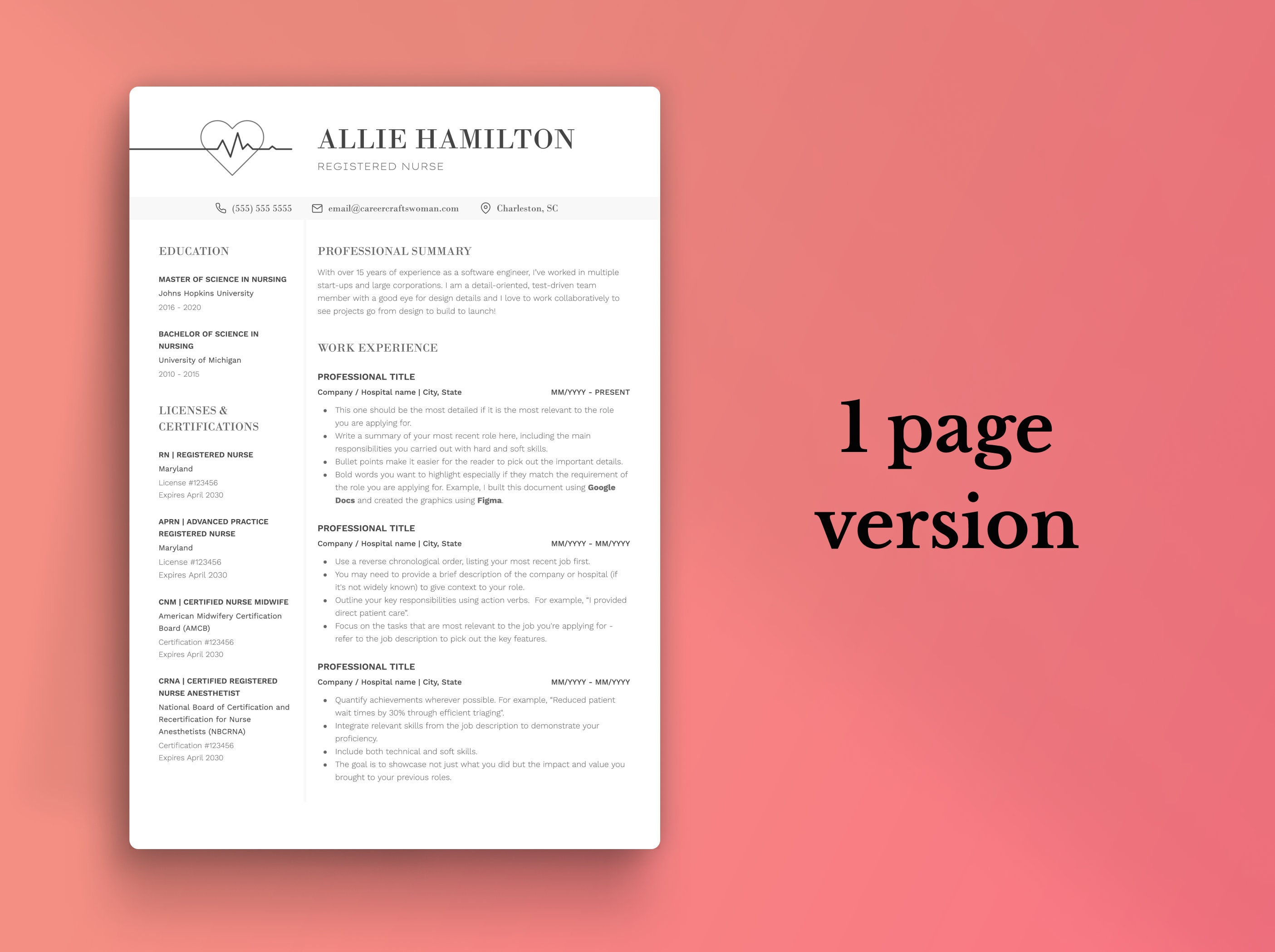 Nurse Resume Template in Google Docs Professional CV, Registered Nurse ...