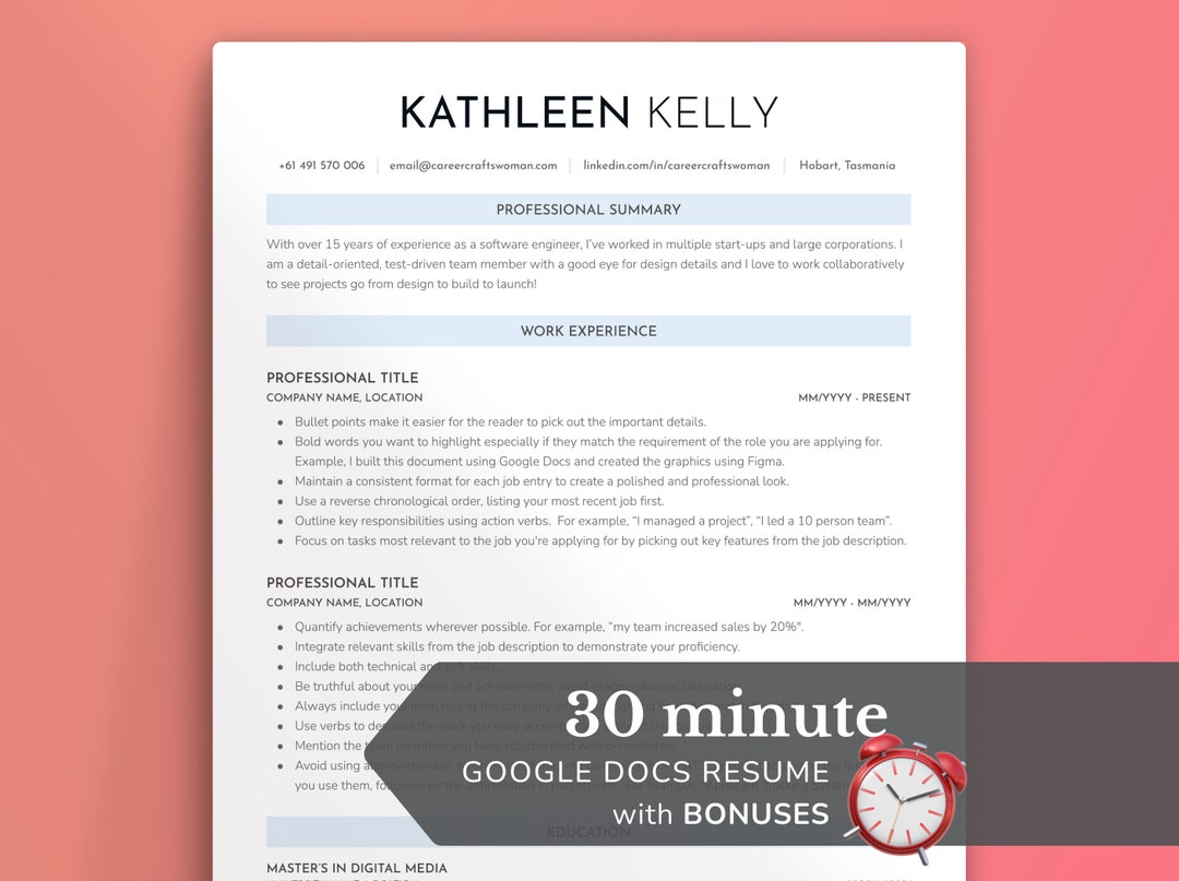 ATS Friendly Resume Template in Google Docs - Professional CV, Easy to ...
