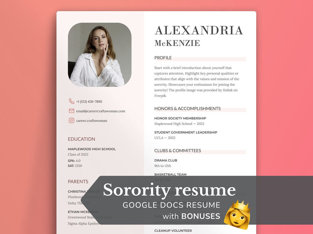 Sorority Resume Template With Photo in Google Docs - Rush Resume, Cover ...