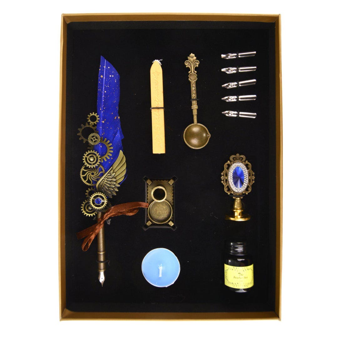 Luxury Steampunk Calligraphy Set With Feather Quill, Wax Seal Kit & Ink ...