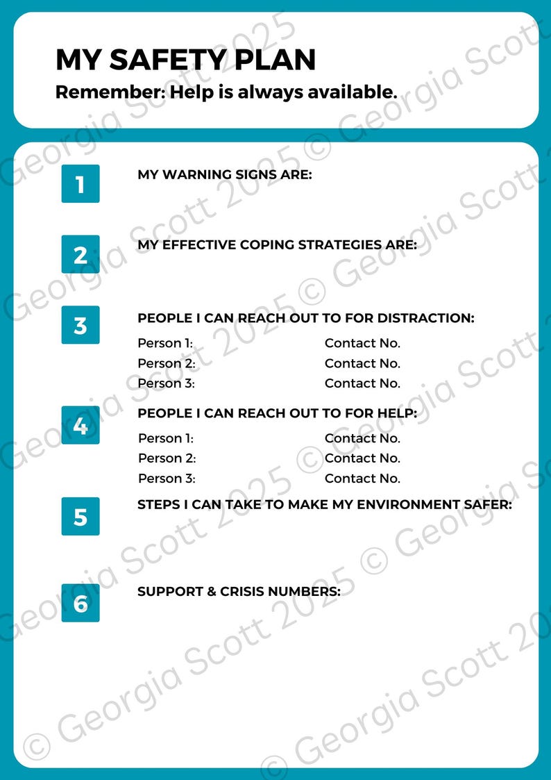 Mental Health Safety Plan | Printable & Fillable PDF With Crisis ...