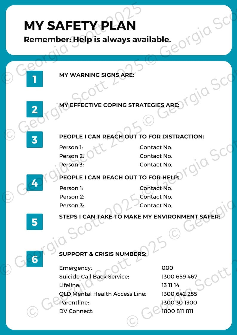 Mental Health Safety Plan | Printable & Fillable PDF With Crisis Support Numbers - Etsy