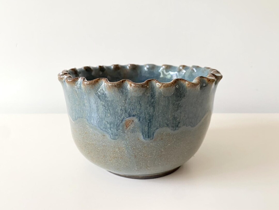 Handmade Ceramic Serving Bowl: Large Moody Blue Pottery With Wavy Rim ...
