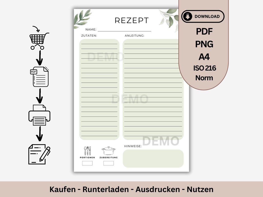 Recipe Template for Printing Digital Recipe Card German Own Cookbook ...