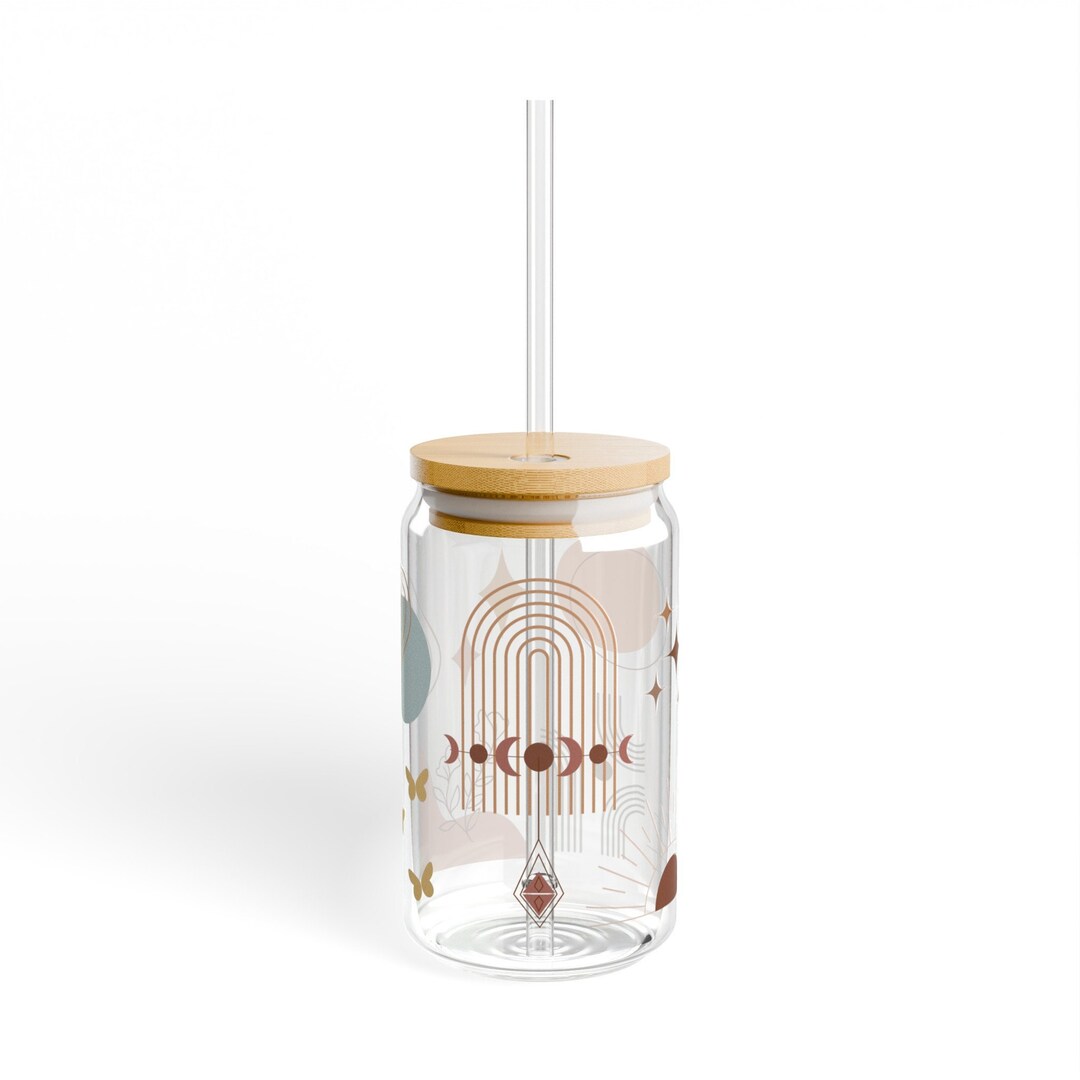 Boho Glass Tumbler 16oz, Iced Coffee Glass Cup, Bamboo Lid & Tritan ...