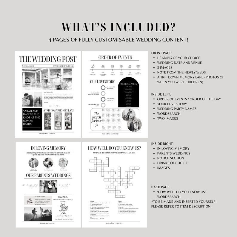 Wedding Newspaper, Order of the Day, Wedding Keepsake, Wedding ...