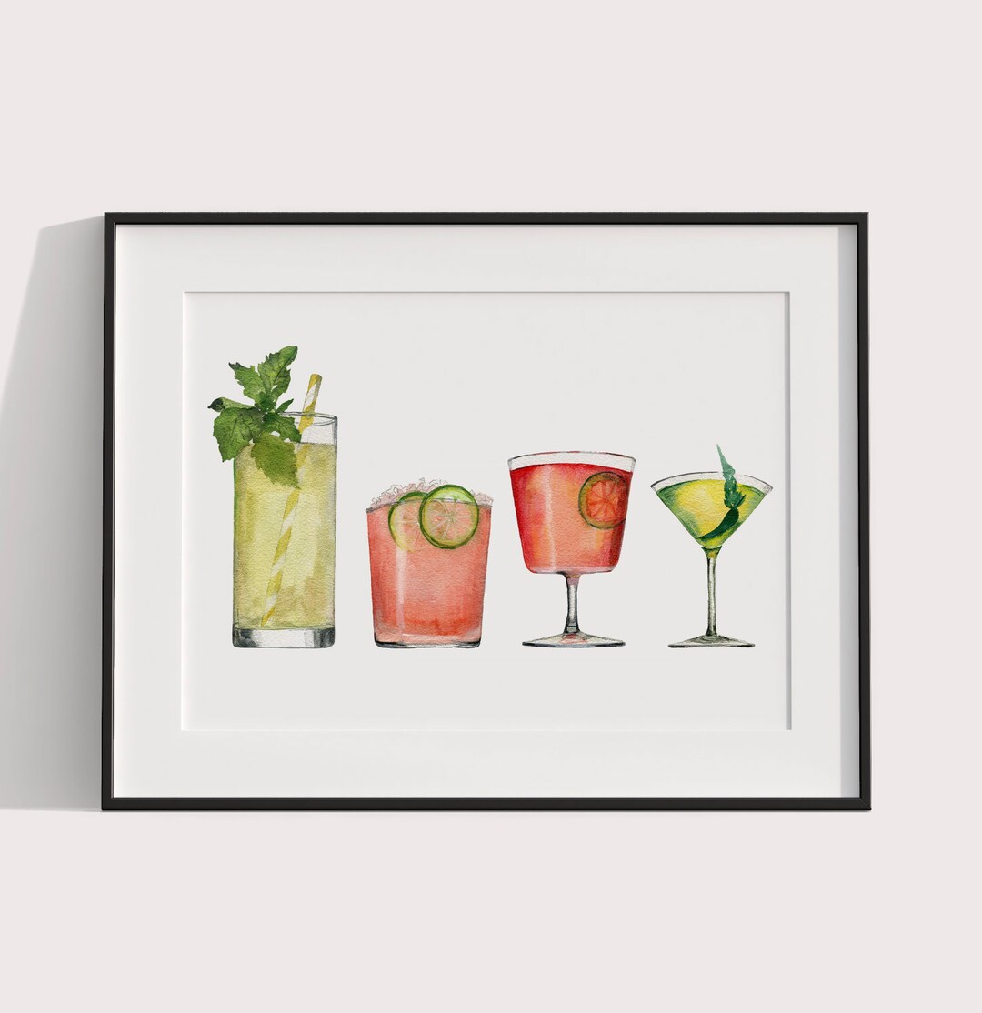 Hand Drawn Cocktails Art Print Watercolor Cocktails Drinks Illustration ...