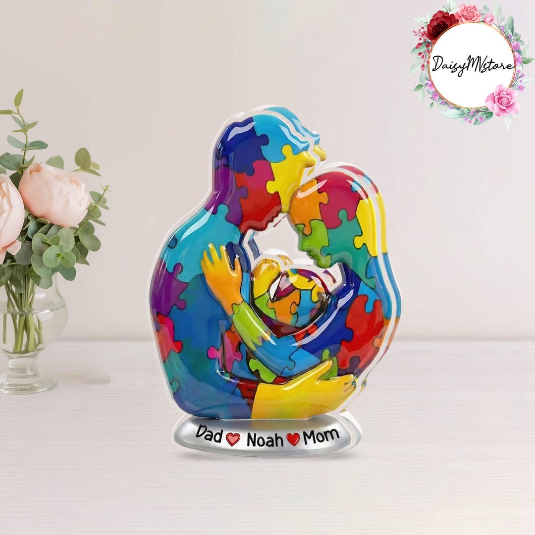 Personalized Autism Puzzle Acrylic Block, Autism Mom Dad and Child ...
