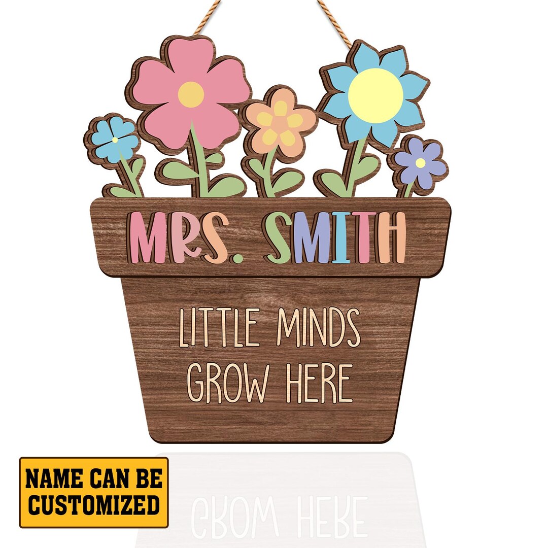 Personalized Back to School Teacher Name Door Sign, Little Minds Grow ...