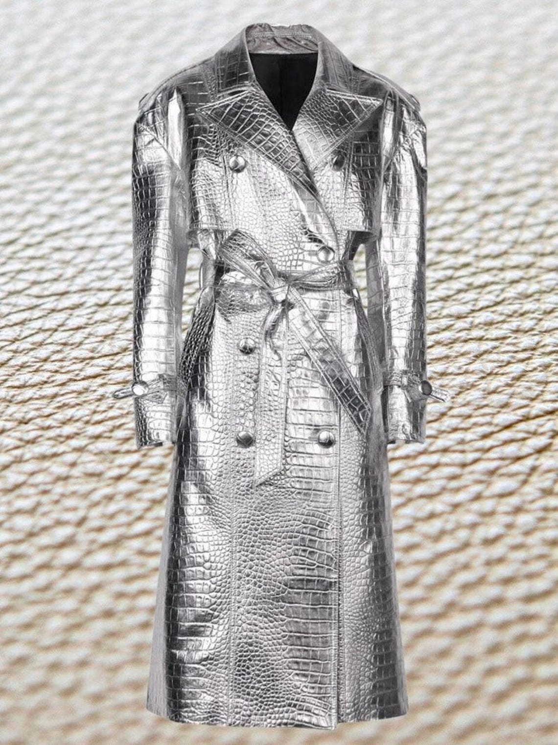 Metallic Silver Croc Embossed Lamb Leather Trench Coat - Belted Double ...