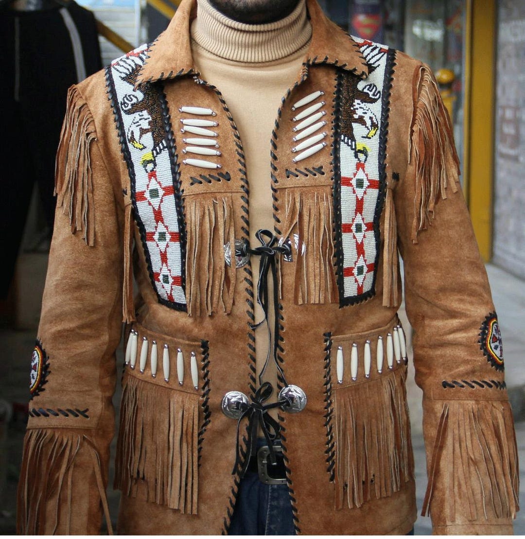 Men Tan Brown Suede Western Style Cowboy Leather Jacket With Fringe ...