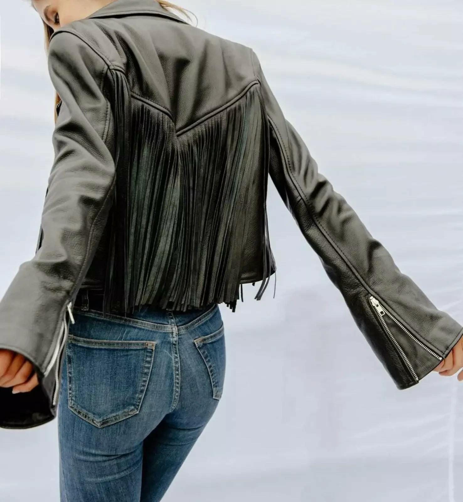 Women Fringe Jacket Black Motorcycle Style Lambskin Leather Biker - Etsy
