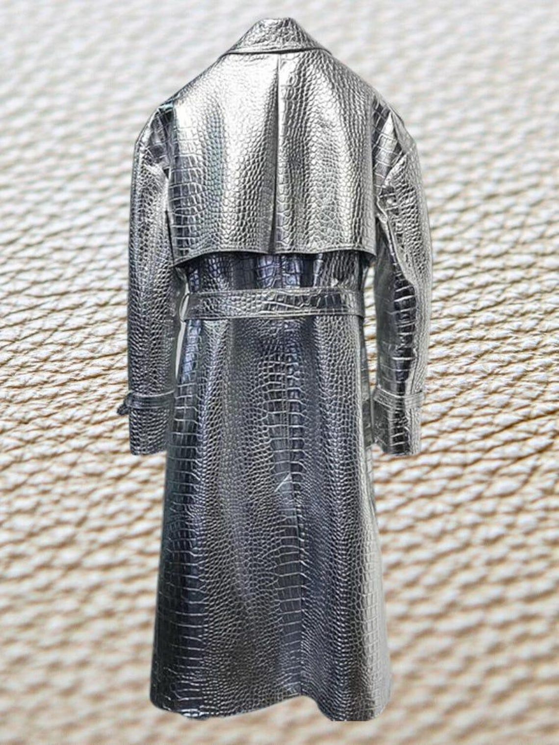 Metallic Silver Croc Embossed Lamb Leather Trench Coat - Belted Double ...