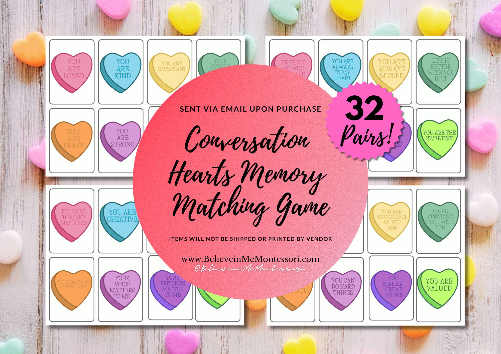 Conversation Hearts Memory Matching Game, Valentine's Positive ...