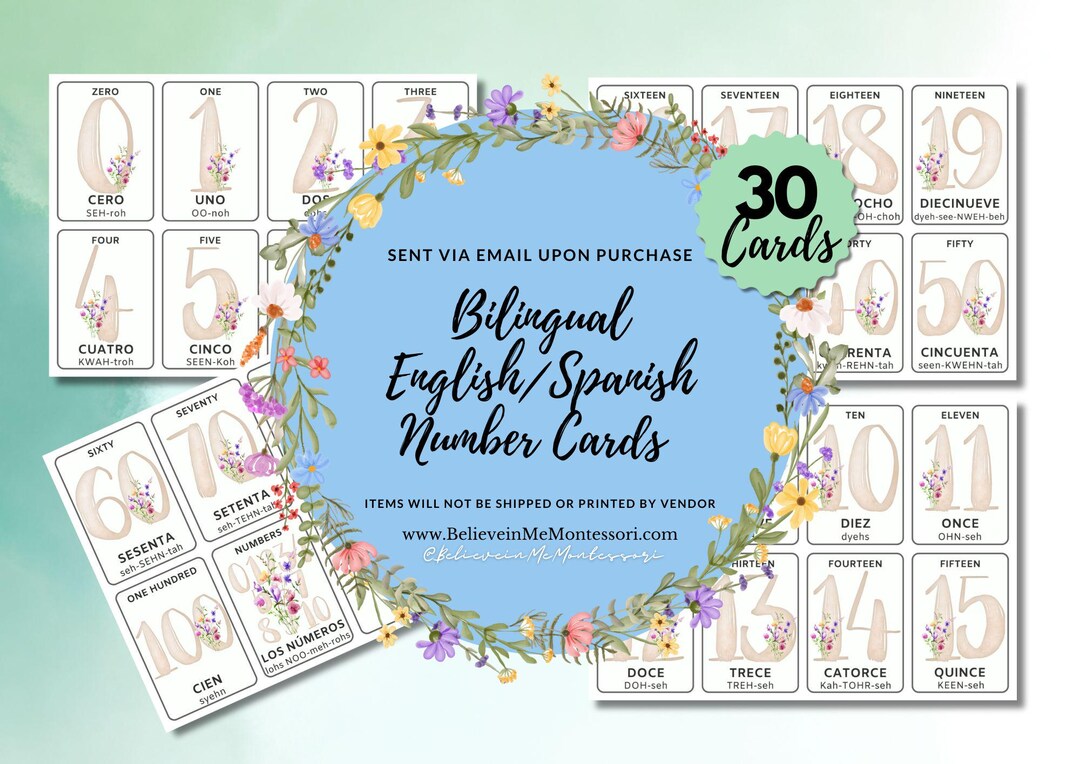 Bilingual English/spanish Number Cards With Wild Flowers Design ...