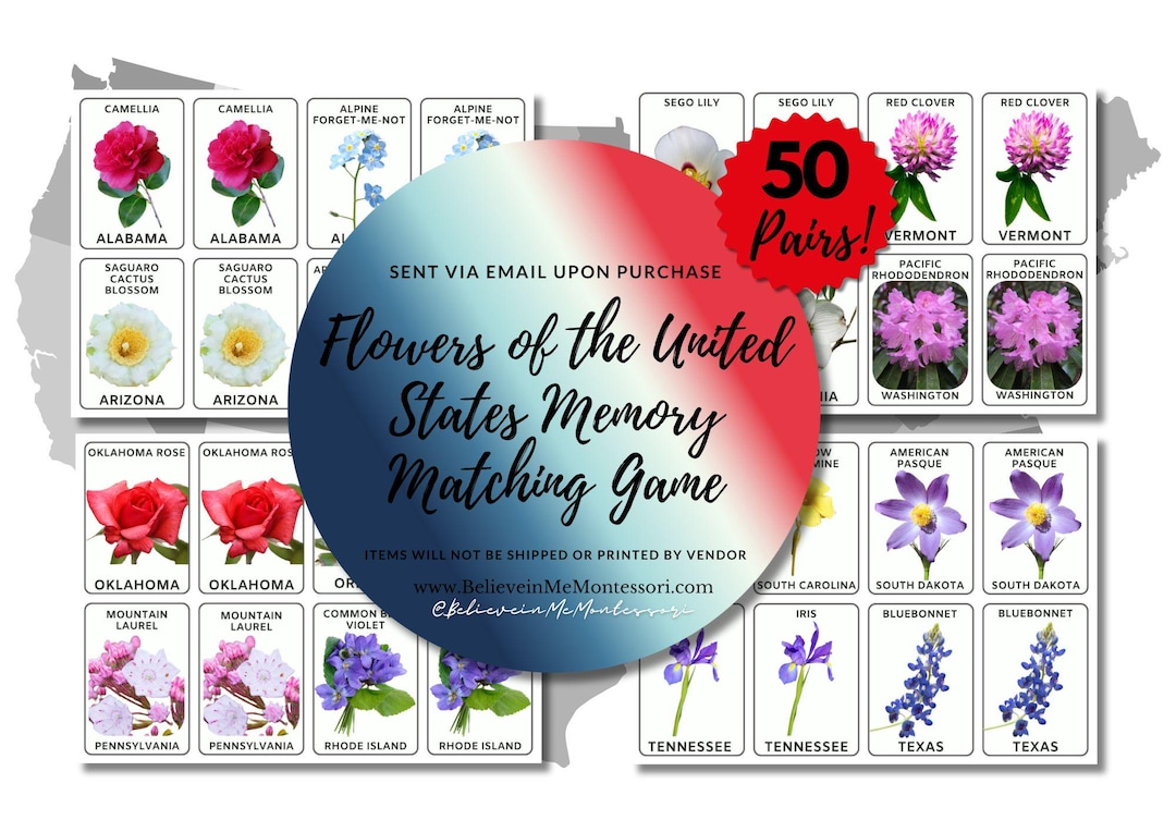 Flowers of the United States Memory Matching Game, Montessori Friendly ...