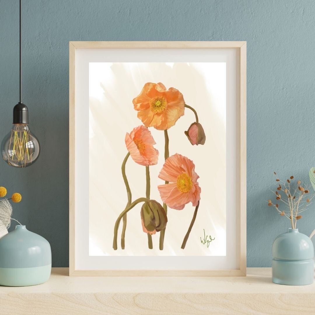 Gouache Coral Poppy Flower | Boho Painting | Framed Botanical Art Print ...