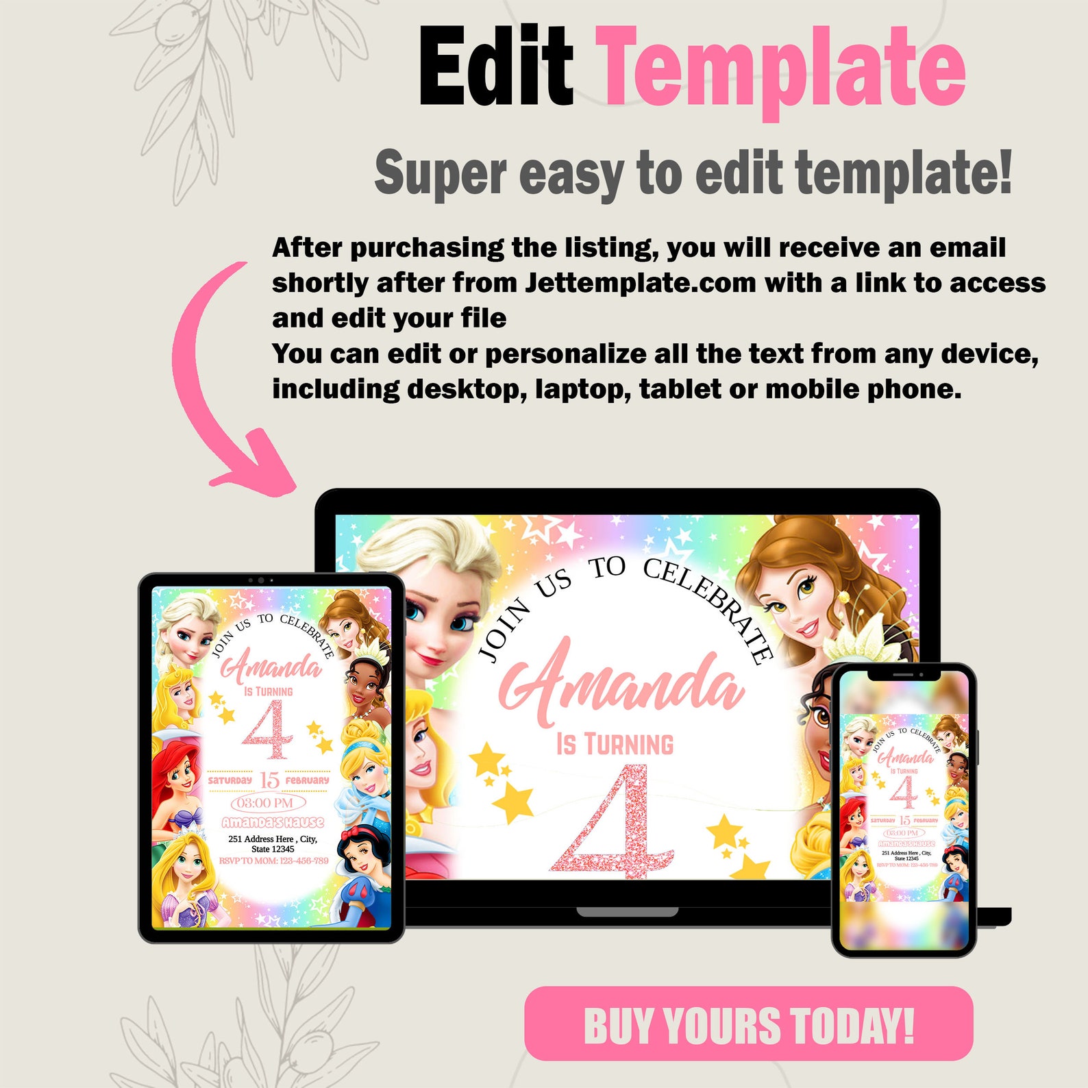 Editable Princess Birthday Invitation Princess Birthday Invitation ...