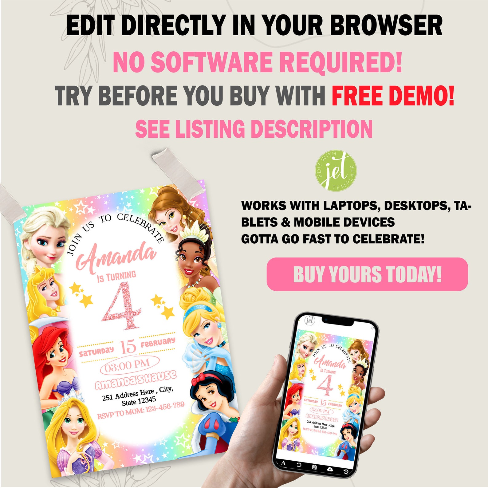 Editable Princess Birthday Invitation Princess Birthday Invitation ...