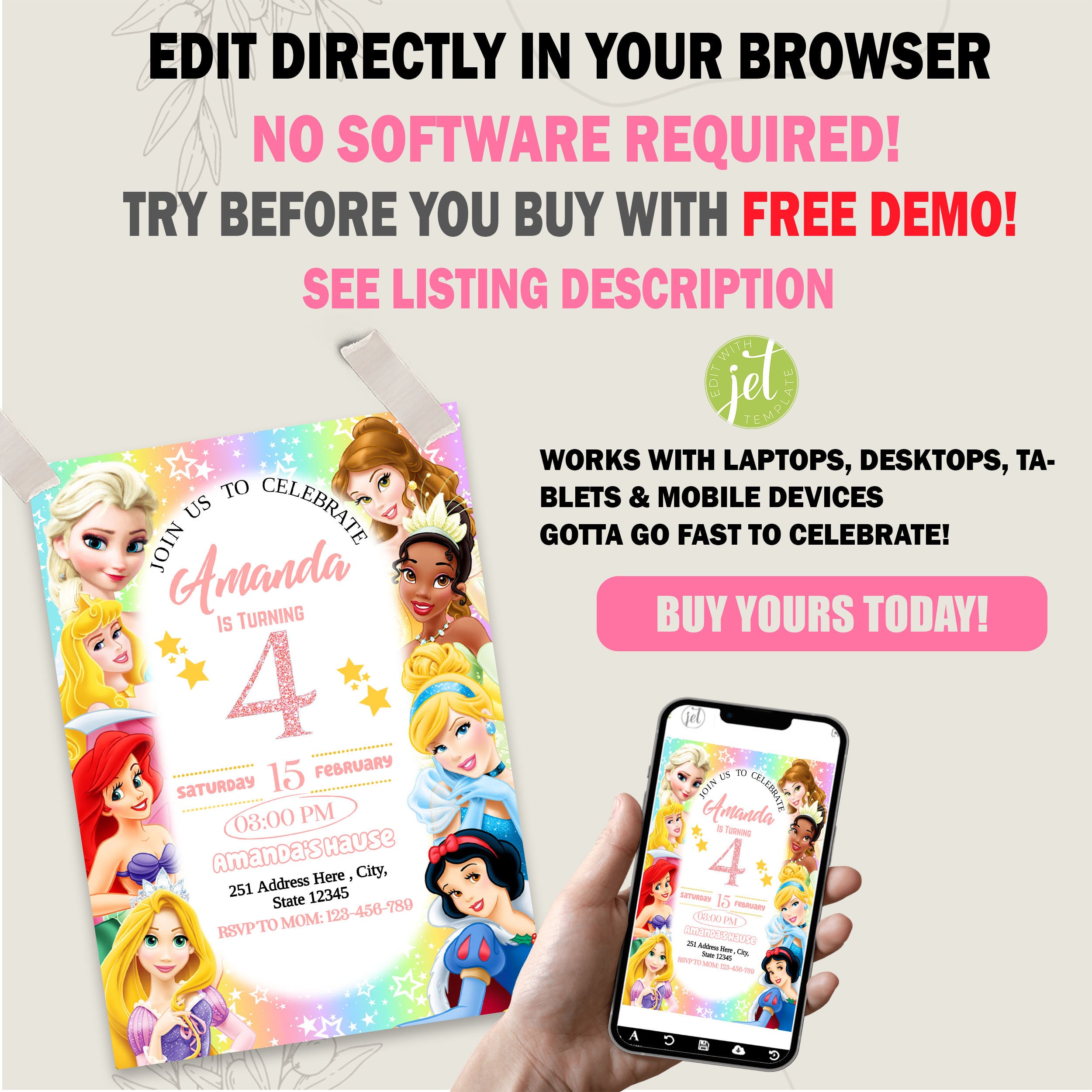 Editable Princess Birthday Invitation Princess Birthday Invitation ...