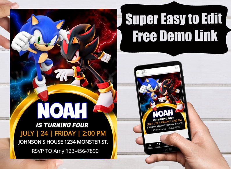 Editable Birthday Sonic Shadow Invitation, Super Hedgehog Kids Party E ...