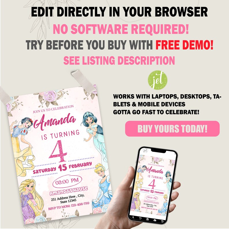 Editable Princess Birthday Invitation Template Girl Princess Party ...