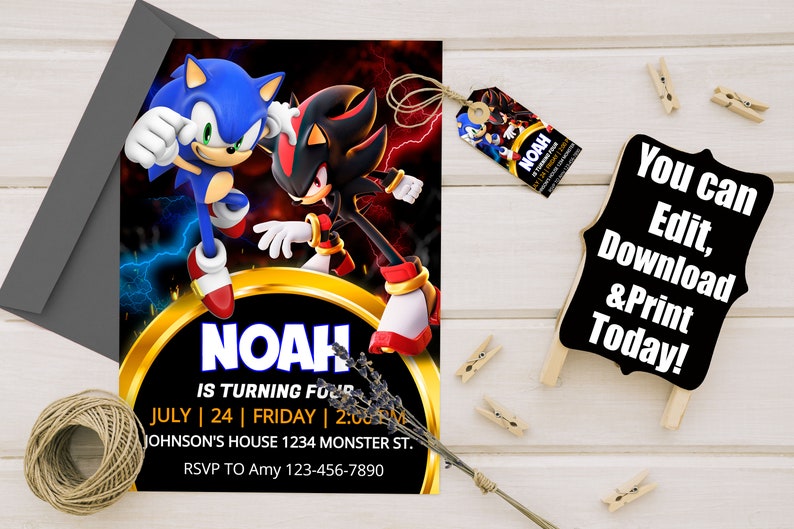 Editable Birthday Sonic Shadow Invitation, Super Hedgehog Kids Party E ...