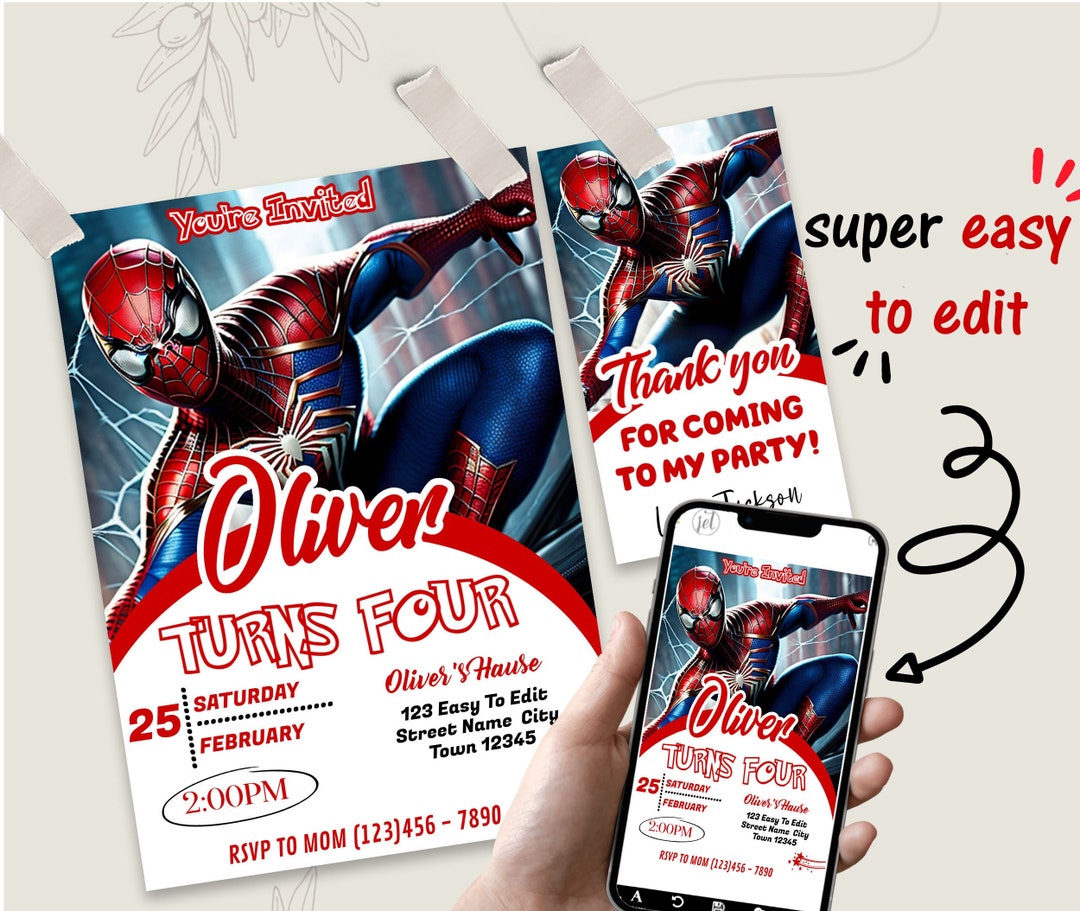 Spiderman Birthday Invitation, Editable Birthday Party Invitation, Kids ...