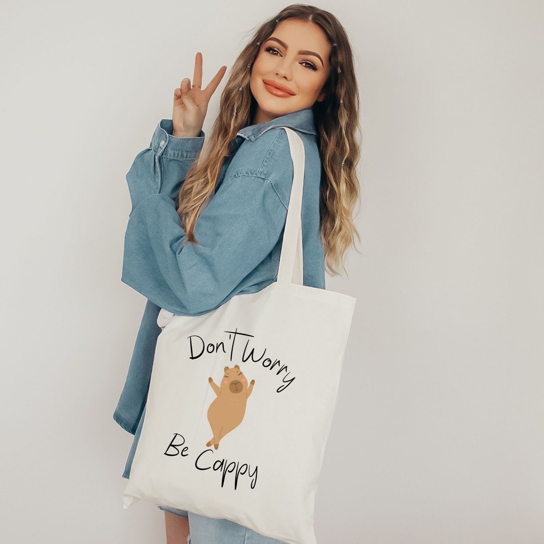 Cute Capybara Tote Bag, Dont Worry Be Cappy Gift, Funny Cottagecore ...