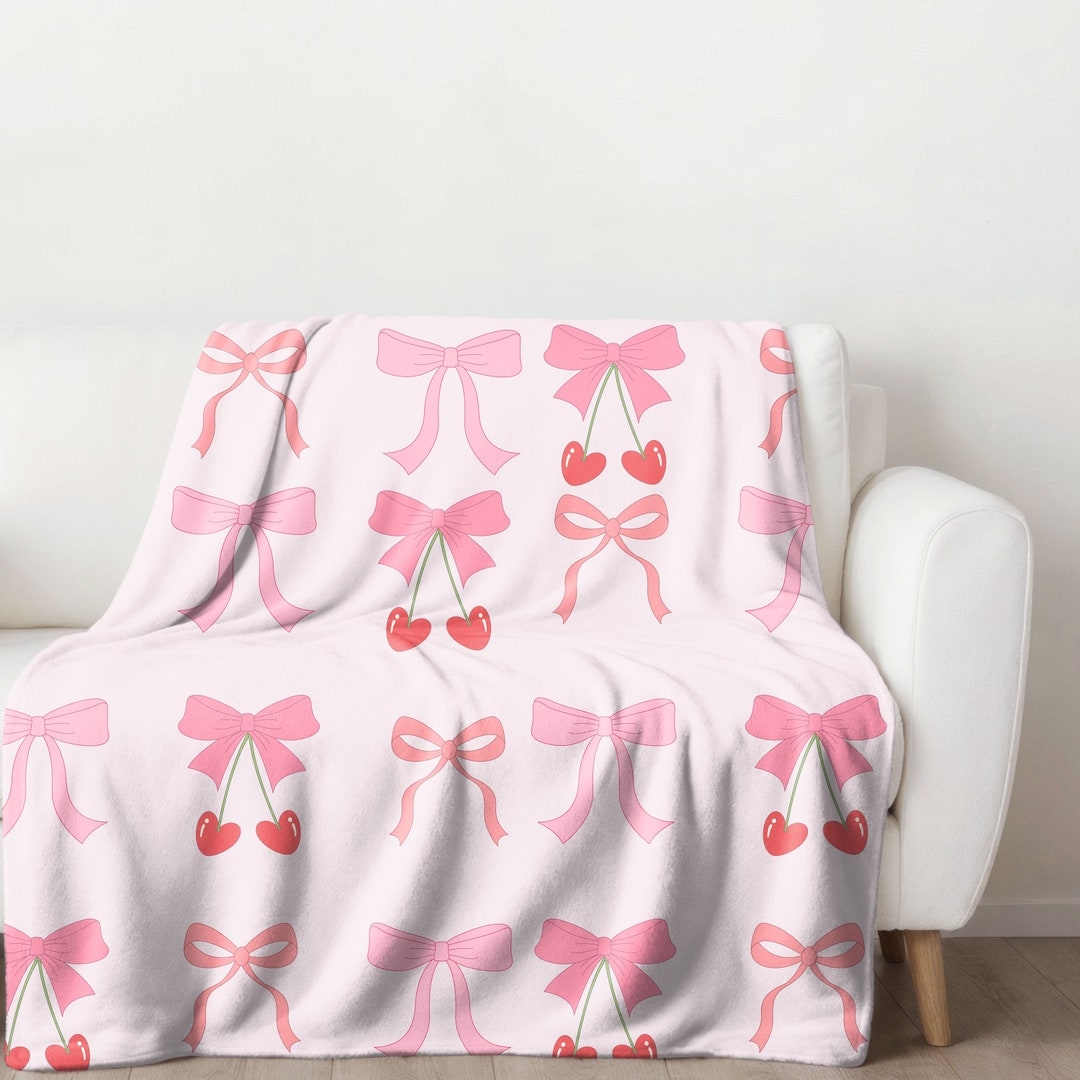 Coquette Cherry Blanket, Cute Pink Bow Gift, Dollette Aesthetic Home ...
