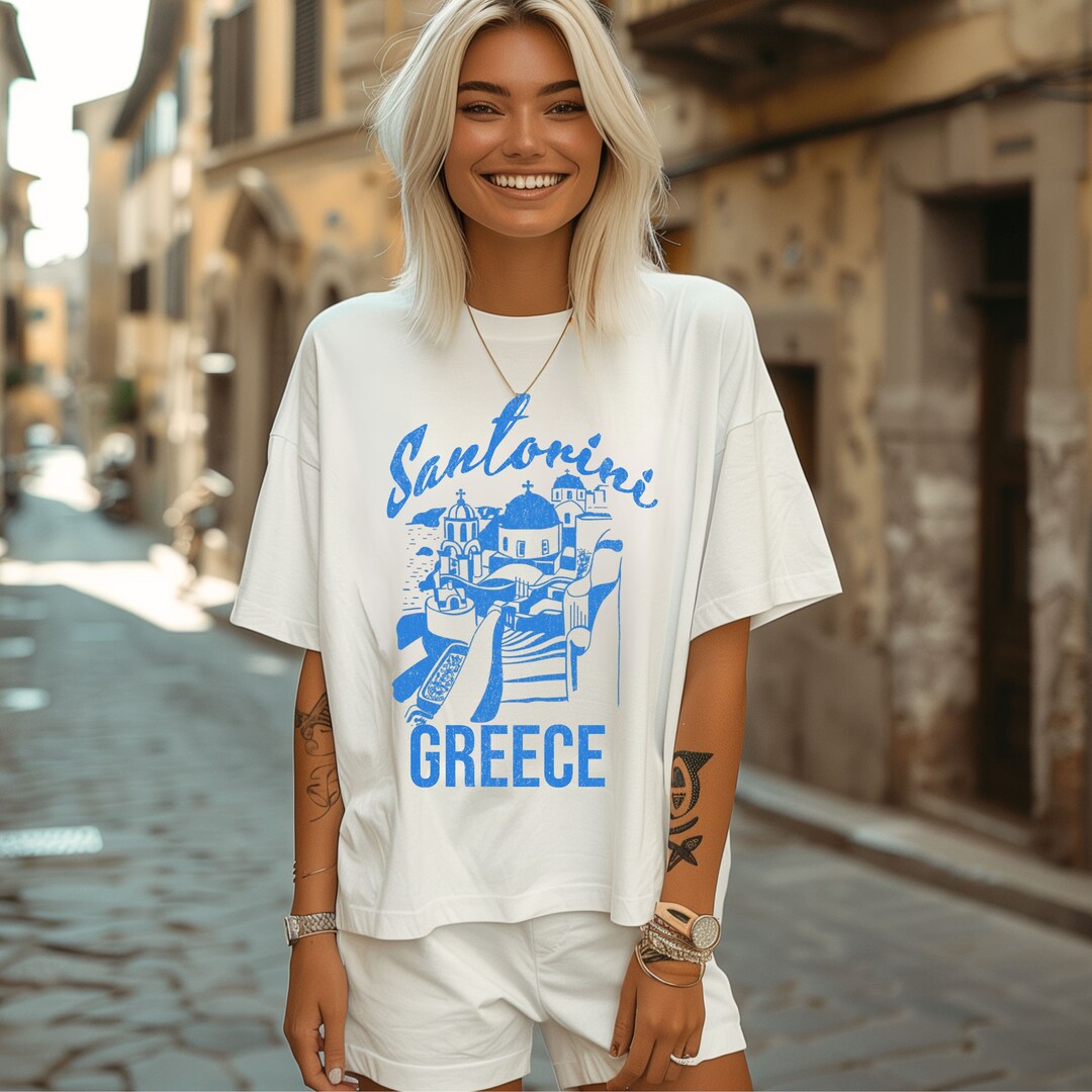 Distressed Santorini Graphic Tee, Vintage Wash Greece Tshirt, Trendy Summer Clothing, Aesthetic ...