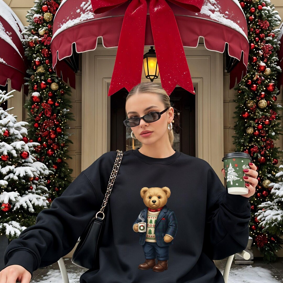 Preppy Teddy Bear Sweatshirt, Holiday Bear With Coffee, Old Money ...