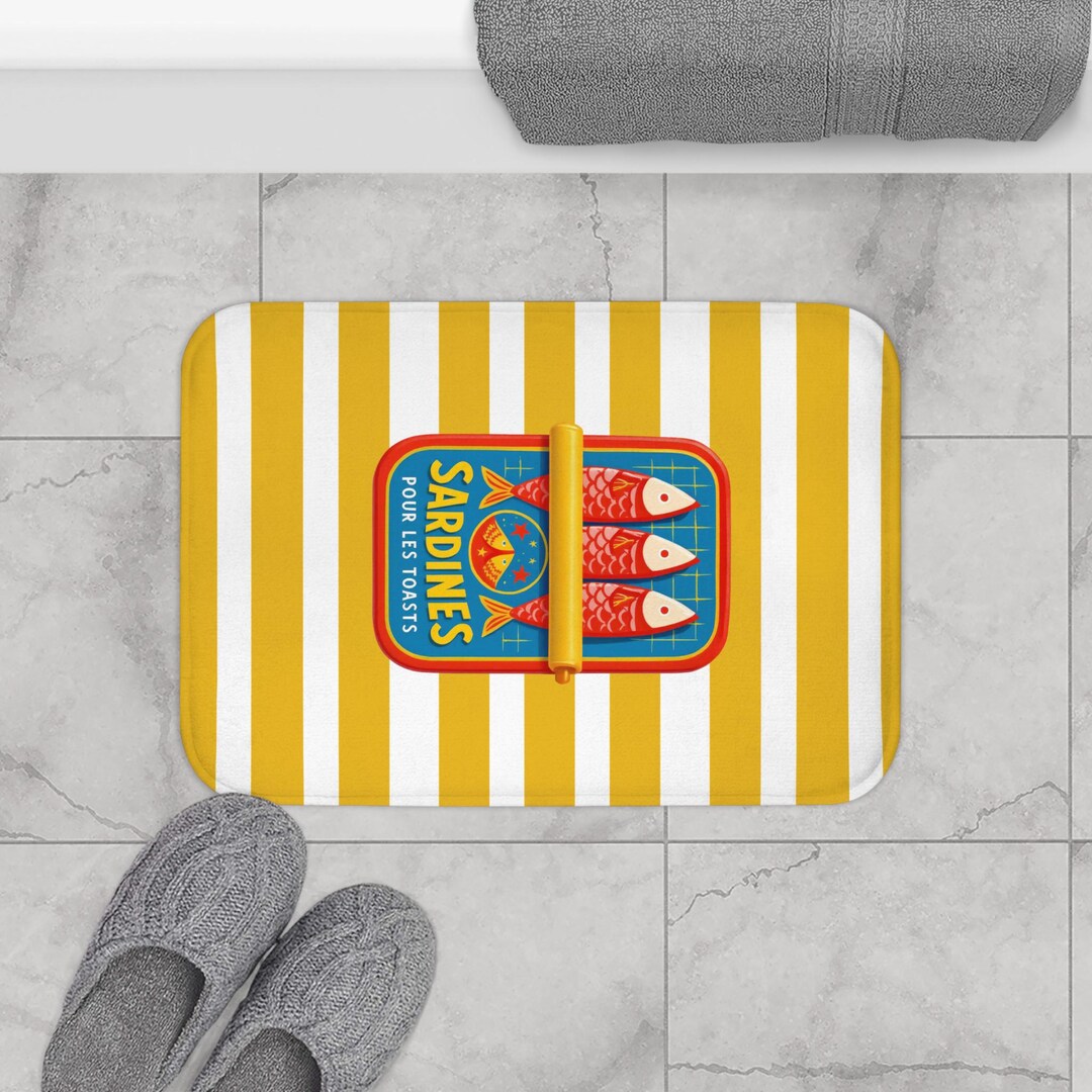 Retro Aesthetic Sardines Bath Mat, Trendy Tinned Fish Bathroom Decor ...