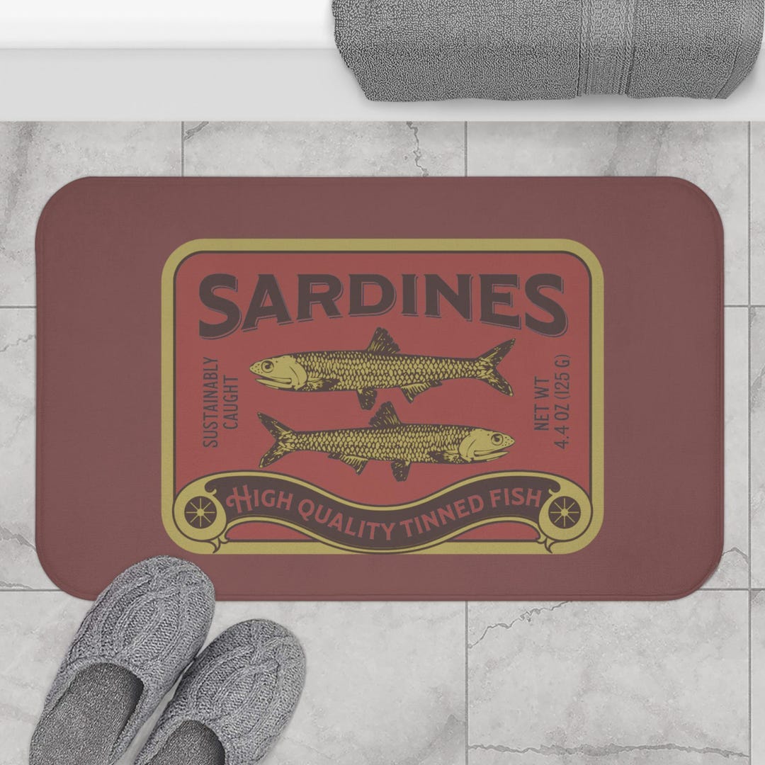 Sardines Vintage Label Bath Mat, Retro Tinned Fish Bathroom Rug ...