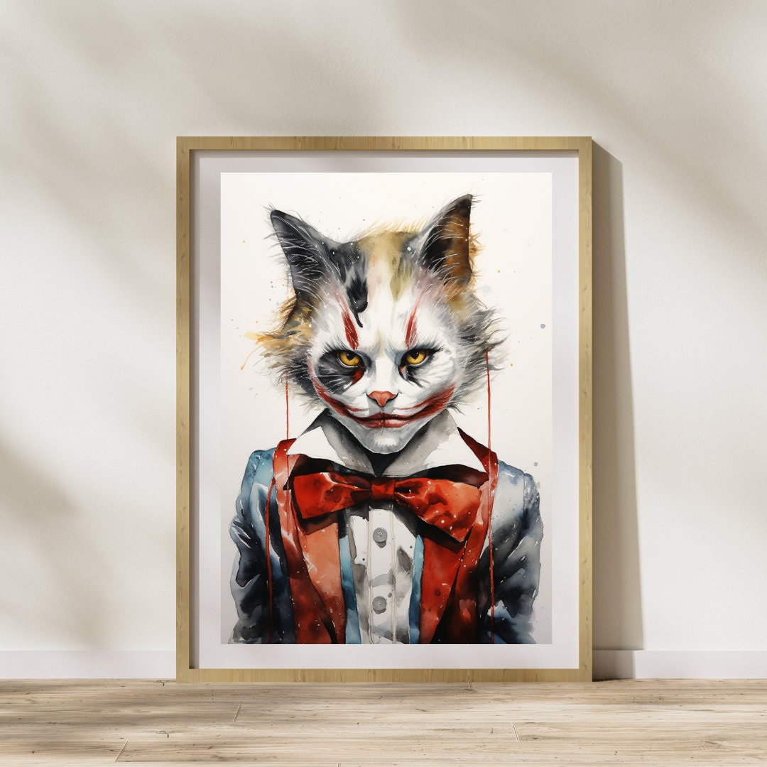 Watercolor Joker Cat Wall Art Funny Cat Wall Art Catlover - Etsy