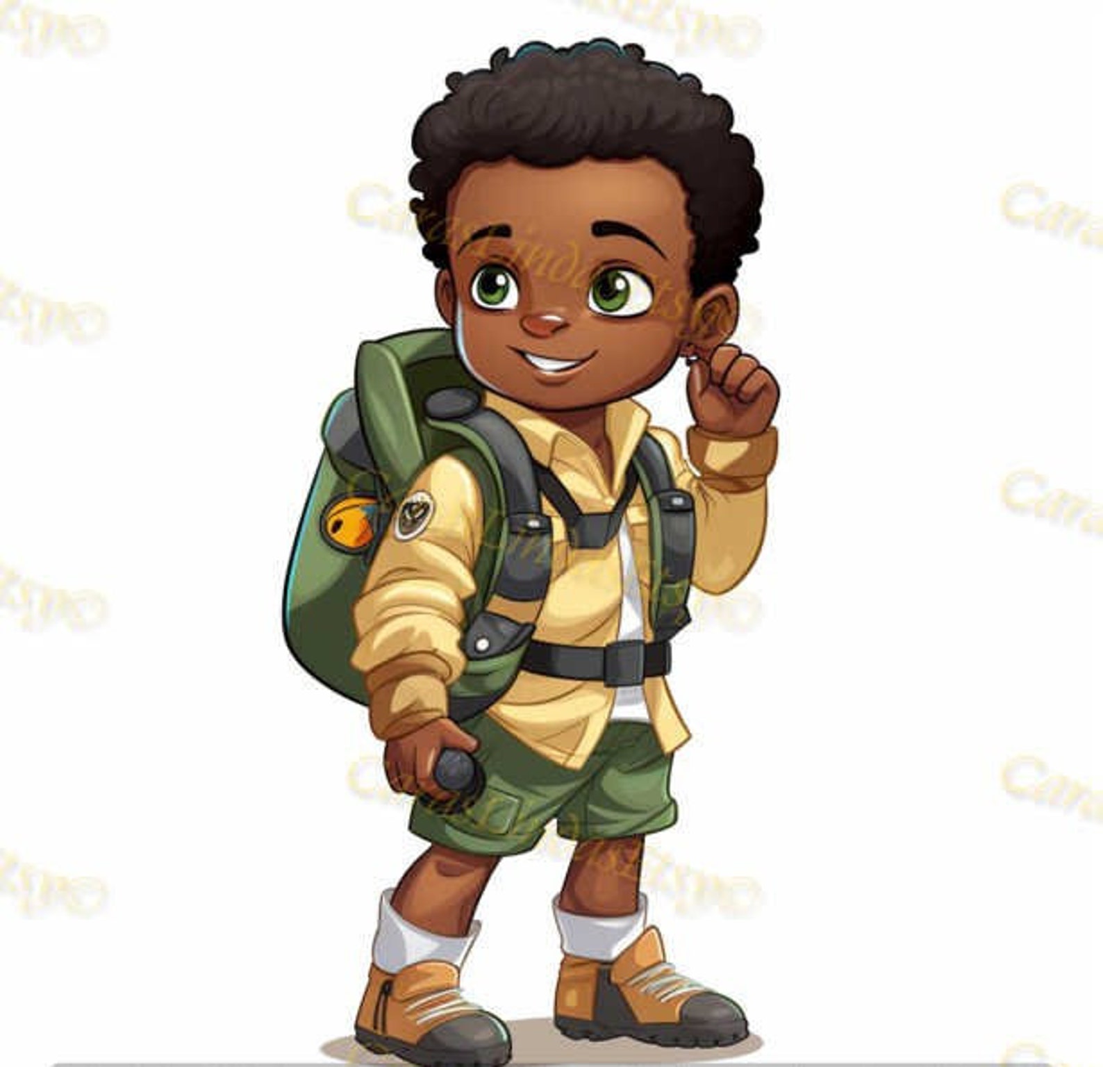 Black Boy Explorer Scout Hike Green Eye Clip Art Cartoon Dora Dynamic Colors Vector PNG Digital ...