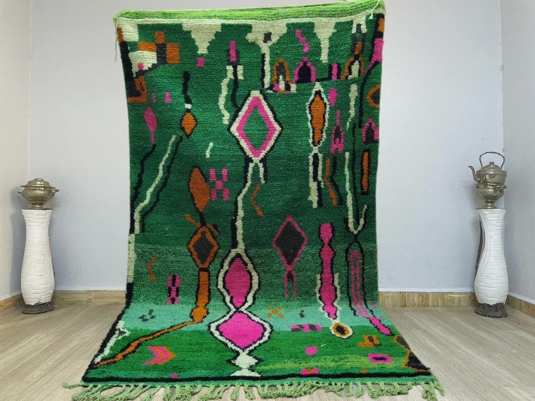 Custom Moroccan Green Rug for Living Room, Large Green Berber Rug, Pink ...