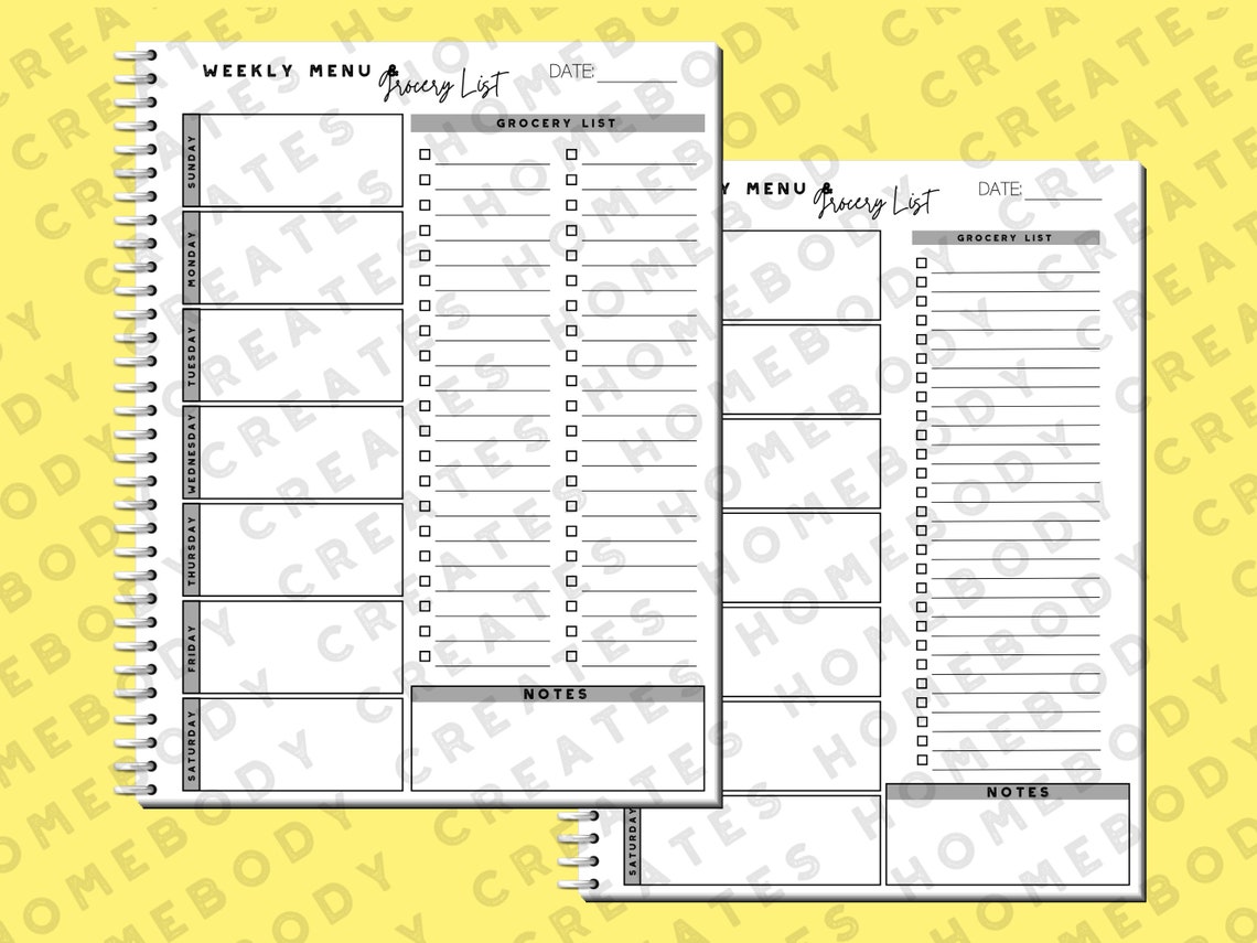 Weekly Menu Grocery List Planner (4 Versions) Menu Planner, Notes ...