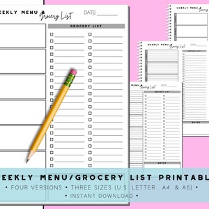 Weekly Menu Grocery List Planner (4 Versions) Menu Planner, Notes ...