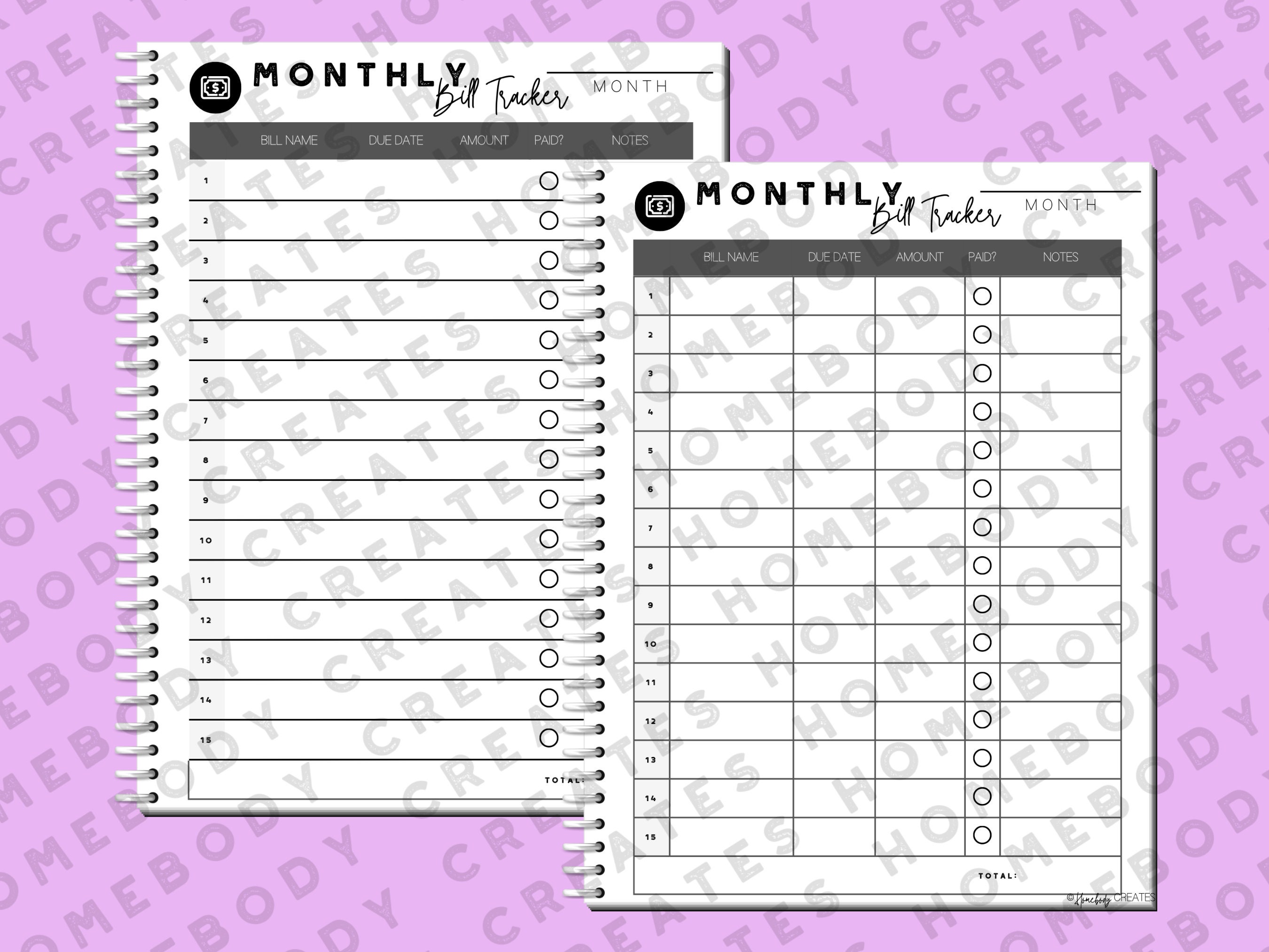Monthly Bill Tracker Printable Planner (2 Versions) Lined & Unlined A4 ...